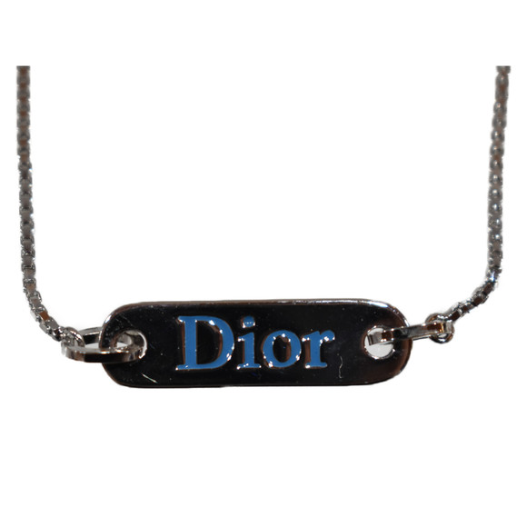 Dior | Bags | Christian Dior Logo Plate Necklace Silver Metal Material ...